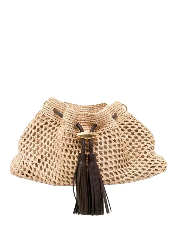 JIMMY CHOO Beaded Handle Woven Bucket Bag - Neutrals