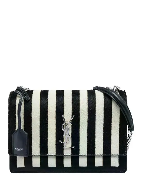 Saint Laurent Medium Striped Ponyhair And Calfskin Monogram Sunset Crossbody Bag - Black