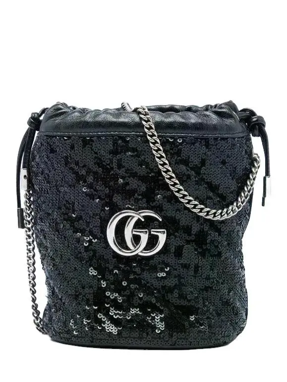 Gucci Small Gg Marmont Sequined Diagonal Matelassé Calfskin Bucket Bag - Black