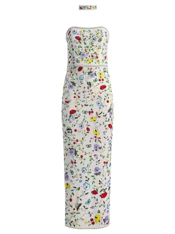 Alice + Olivia Georgie Bead-embellished Floral-print Strapless Sweetheart Neck Maxi Dress With Matching Choker - White