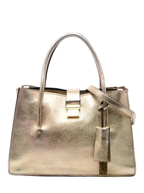 Miu Miu Metallic Goatskin Madras Push Lock Tote Satchel - Gold