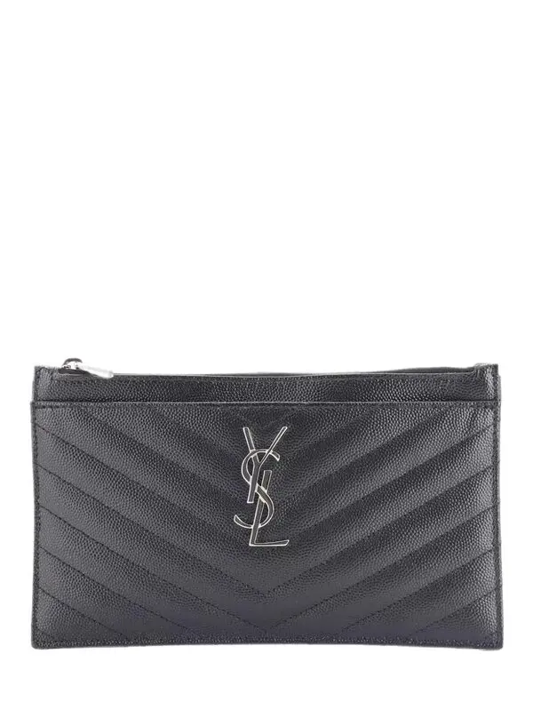 Saint Laurent Monogram Zip Bill Matelassé Chevron Leather Pouch - Black