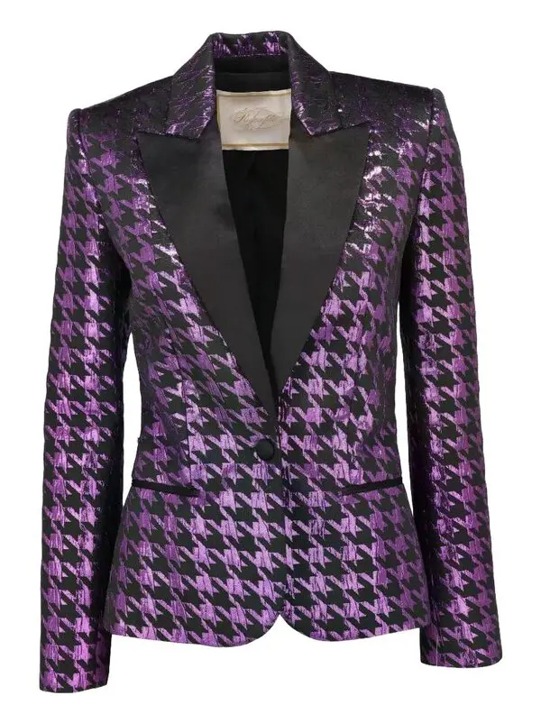Redemption Houndstooth Pattern Metallic Peak Lapel Blazer - Purple