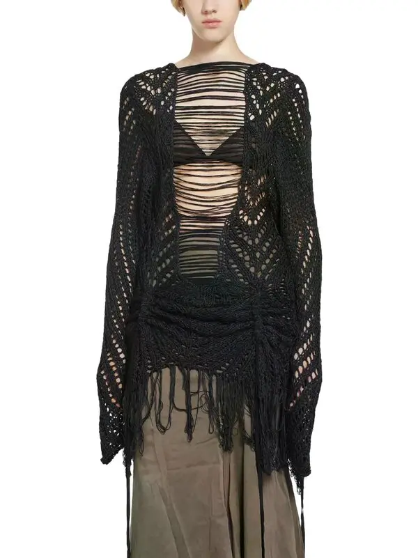 YEHUAFAN Crochet Fringe-trimmed Sweater - Black