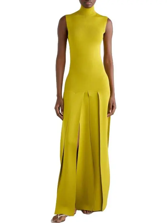 Alaïa Pleated Funnel Neck Sweater Dress - Lime