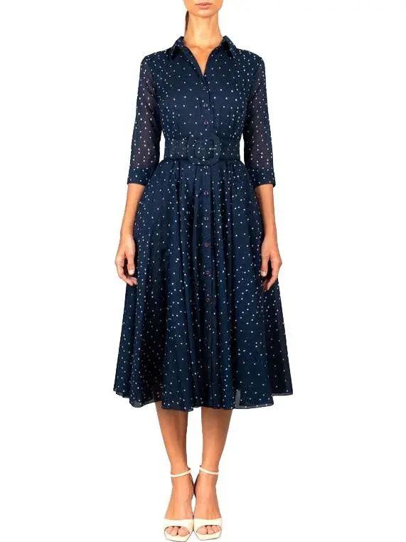 Samantha Sung Mini Dots A-line Belted Shirtdress - Navy