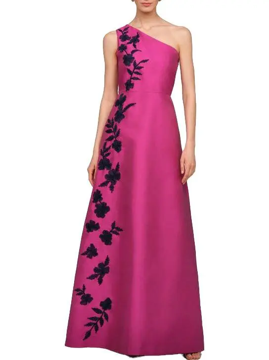 KAY UNGER Madelyn Embroidered One-shoulder Satin Gown - Aster