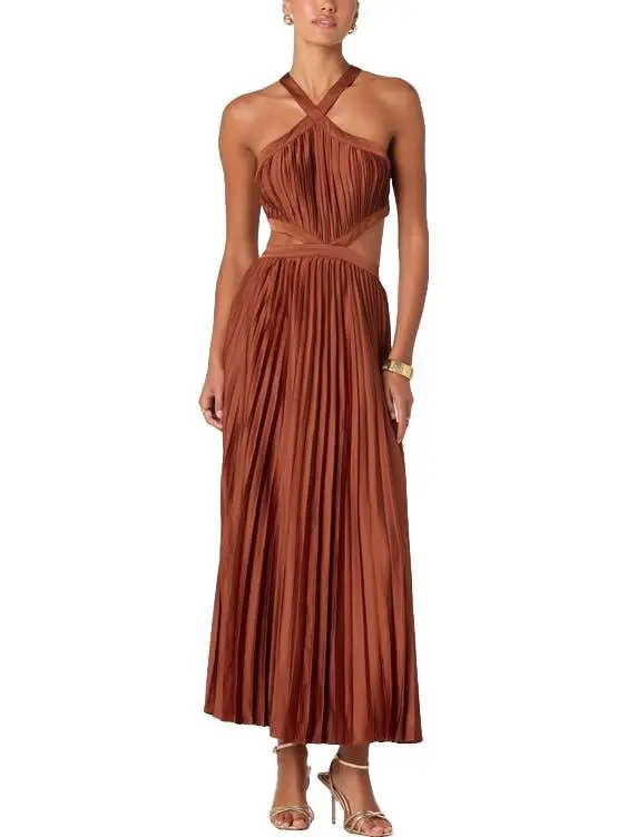 Astr The Label Vera Pleated Cutout Satin Maxi Dress - Rust