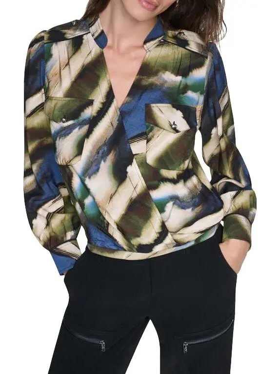 Dkny Printed Puff Shoulder Surplice Top - Brushed Riverside