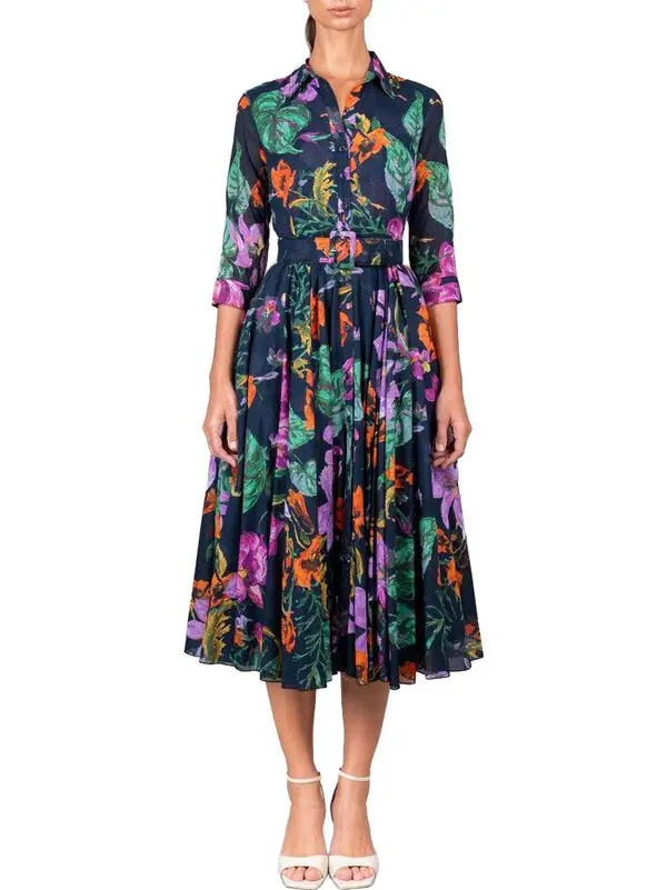 Samantha Sung Gogh Summer A-line Belted Shirtdress - Navy