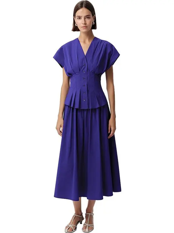 EXQUISE V Neck Short Sleeve Midi Dress - Sax