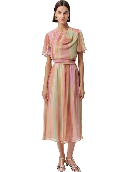 EXQUISE Sahra Cowl Neck Short Sleeve Striped Midi Dress - Multi Color