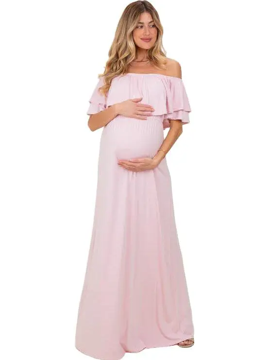 PINKBLUSH Off-the-shoulder Ruffled Maternity Maxi Dress - Light Pink