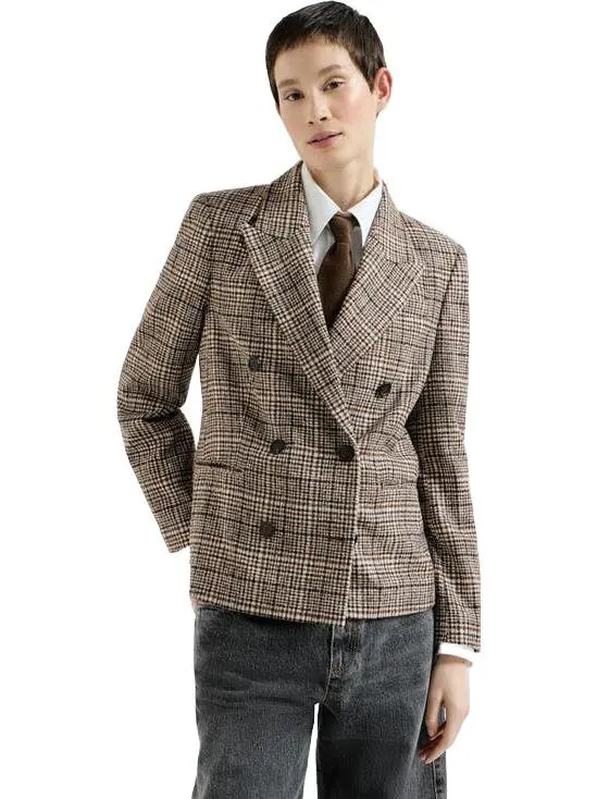 Brunello Cucinelli Alpaca And Wool Prince Of Wales Blazer With Monili - Brown