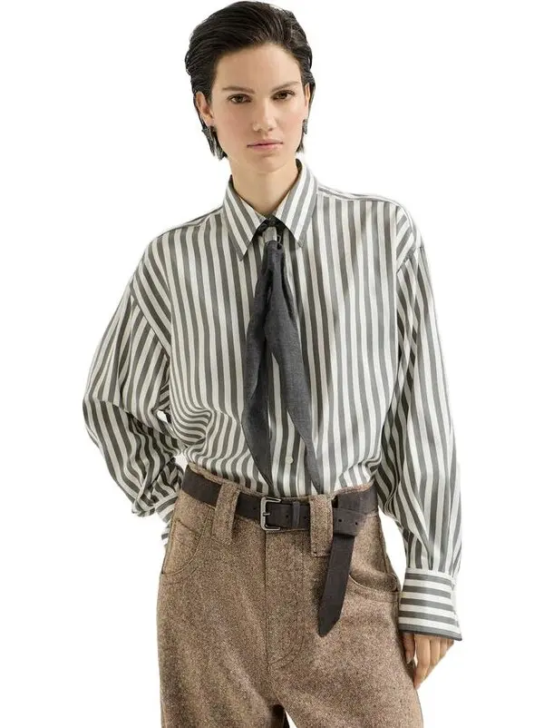 Brunello Cucinelli Striped Silk Poplin Shirt With Virgin Wool Foulard - Green