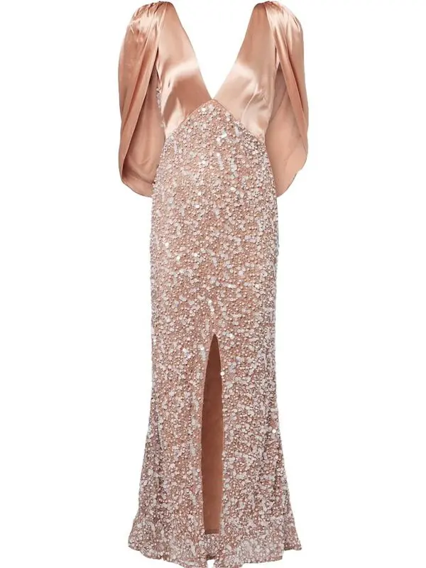 LA FUORI Là Fuori Genevieve Sequined Draped Satin Gown - Beige