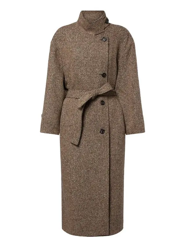 Brunello Cucinelli Belted Herringbone Wool-blend Coat - Brown