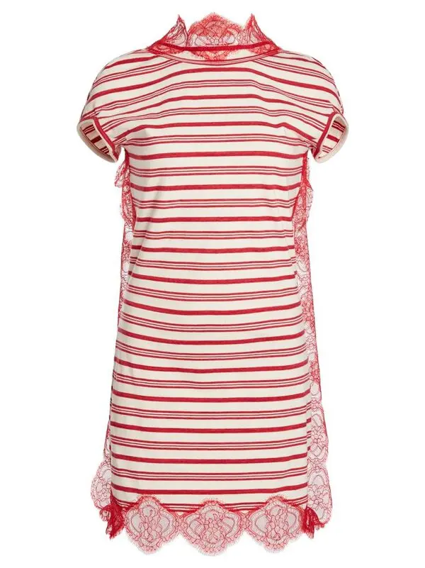 Christopher Esber Stripe Jersey Lace Trimmed Tee Dress - Red