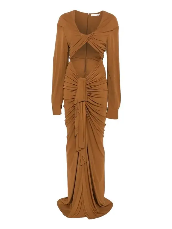 Christopher Esber Vivenda Drape Front Long Sleeve Dress Cognac - Brown