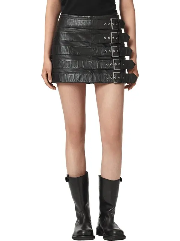 ALLSAINTS Betty Leather Buckle Mini Skirt - Black