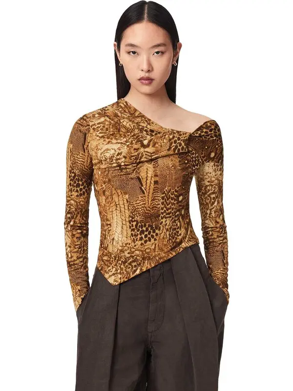 ALLSAINTS Arlie Long Sleeve Off-the-shoulder Top - Gold