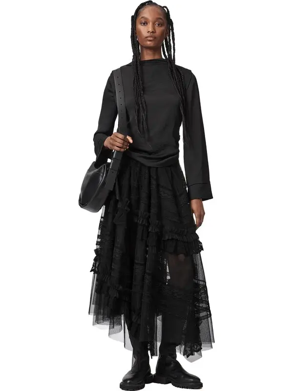ALLSAINTS Jen Tiered Lace Textile Midi Skirt - Black