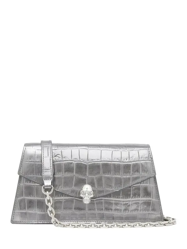 Alexander McQueen Skull Mini Bag In Metallic Croc-embossed Calf Leather - Dark Silver