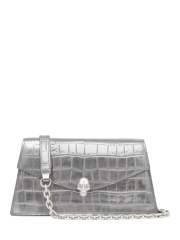 Alexander McQueen Skull Mini Bag In Metallic Croc-embossed Calf Leather - Dark Silver