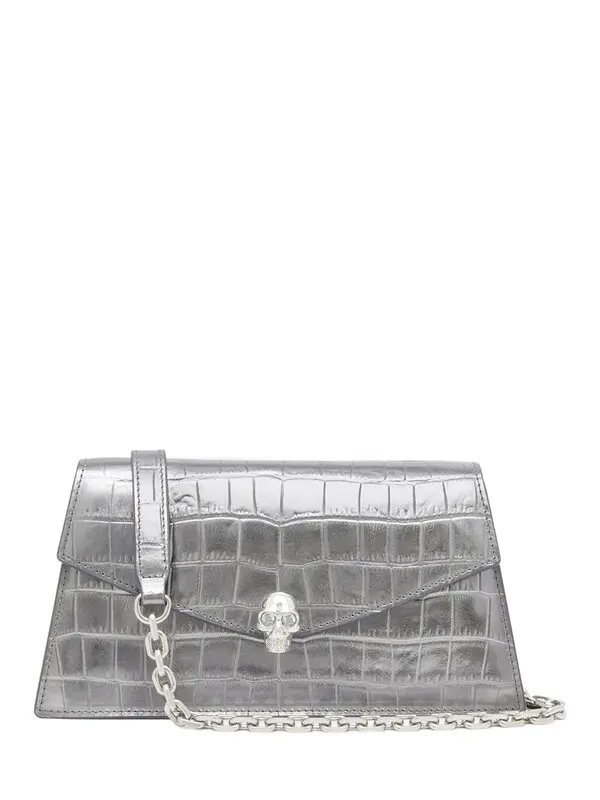 Alexander McQueen Skull Mini Bag In Metallic Croc-embossed Calf Leather - Dark Silver