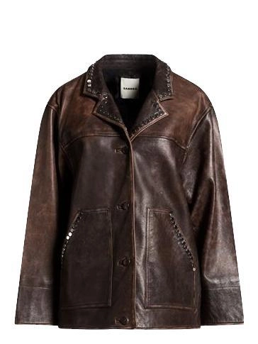 Sandro Dark Embellished Studded Lambskin Jacket - Brown