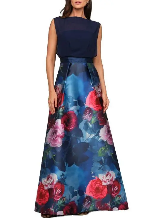 KAY UNGER Eileen Sleeveless Mixed Media Gown - Ink Blue Multi