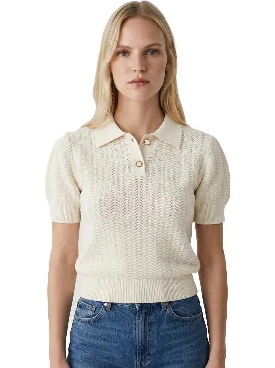 EXQUISE Rachael Polo Short Sleeve Knit Blouse - Beige