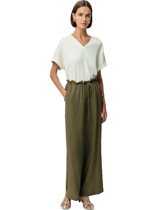 EXQUISE High Rise Wide Leg Woven Pants - Khaki