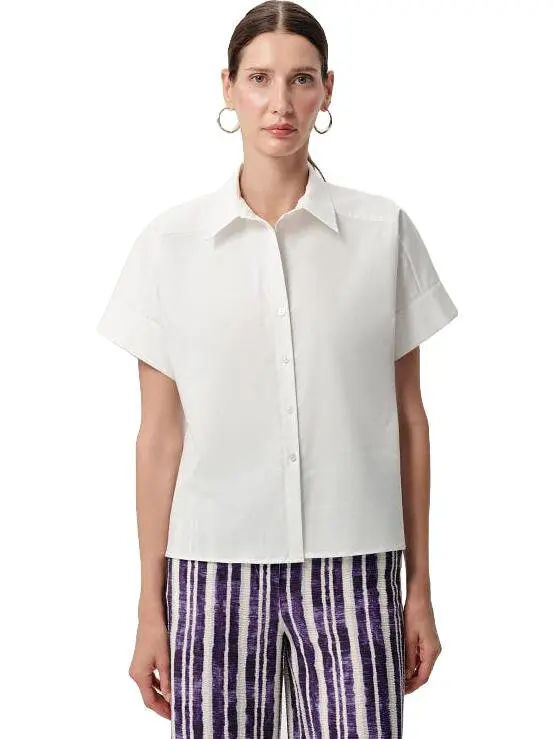 EXQUISE Tegan Shirt Collar Short Sleeve Poplin Shirt - White