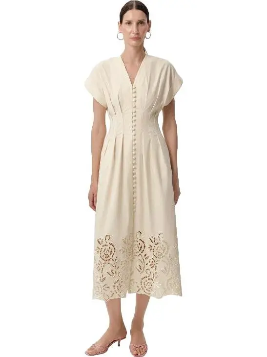 EXQUISE Emrick V Neck Short Sleeve Midi Dress - Bone