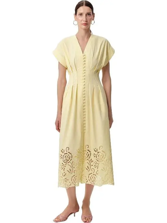 EXQUISE Emrick V Neck Short Sleeve Midi Dress - Yellow