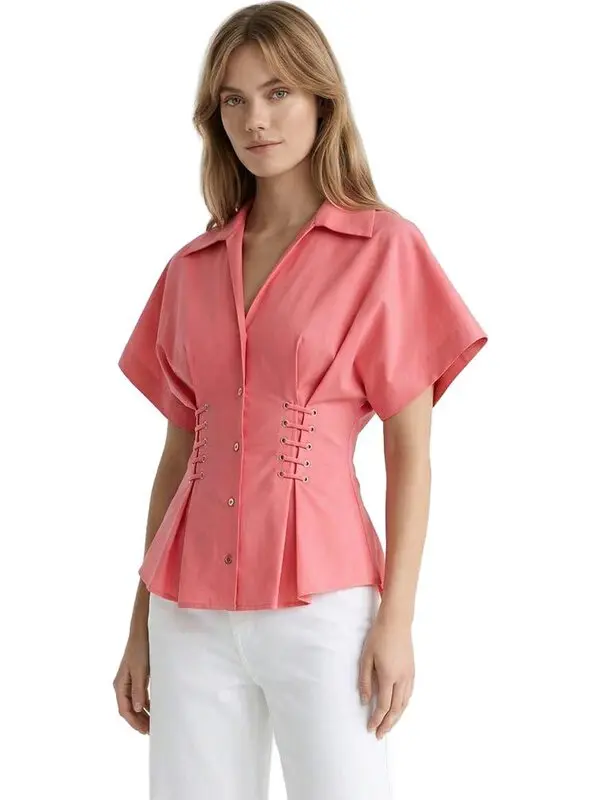 EXQUISE Fitted Shirt With Classic Collar And Front Corset Detail - Pink