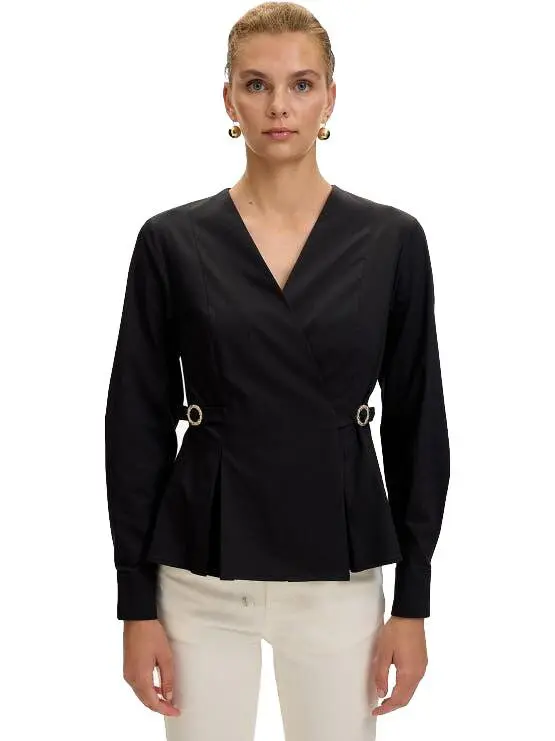 EXQUISE Ashlynn Wrap Collar Shirt - Black