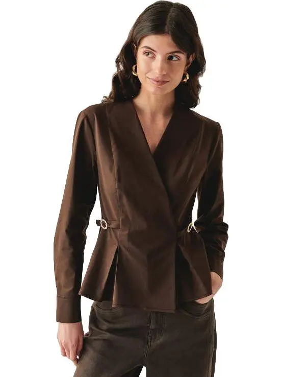 EXQUISE Ashlynn Wrap Collar Shirt - Brown