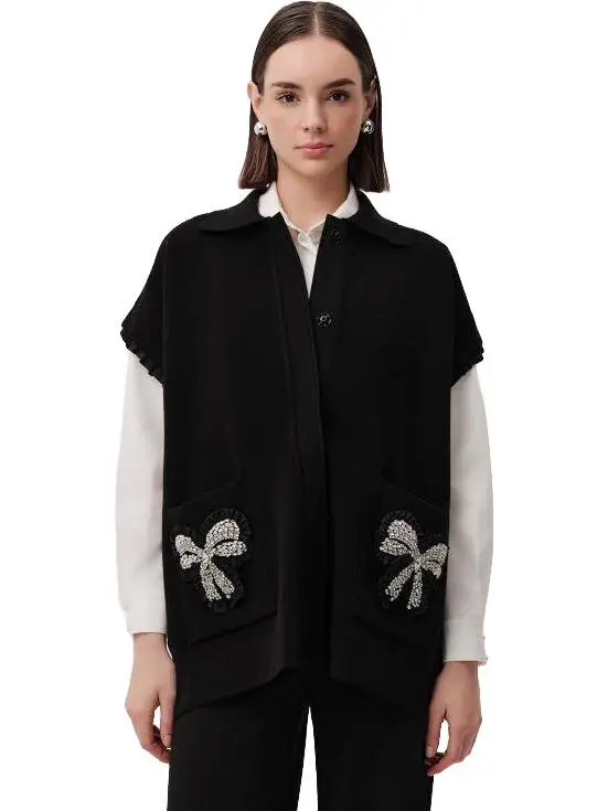EXQUISE Stone Pocket Detail Collar Knit Vest - Black