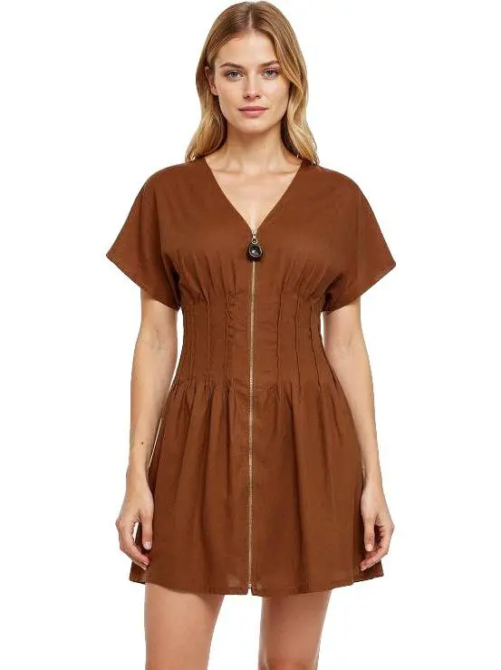EXQUISE Short Sleeve Linen Mini Dress - Brown