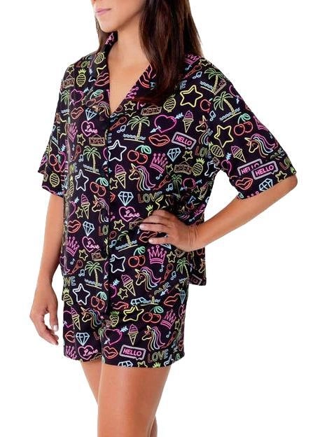 SUNSHINE SOCIETY Neon Lights Silky Short Sleeve Shorts Set - Black