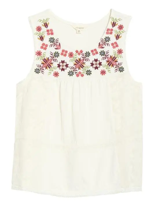 Lucky Brand Embroidered Yoke Cotton Tank - Cream