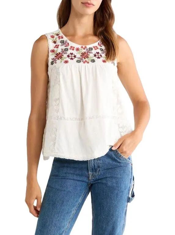 Lucky Brand Embroidered Square Neck Cotton Tank - Cream
