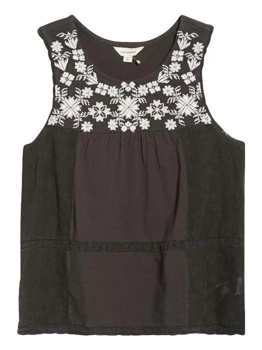 Lucky Brand Embroidered Yoke Cotton Tank - Raven