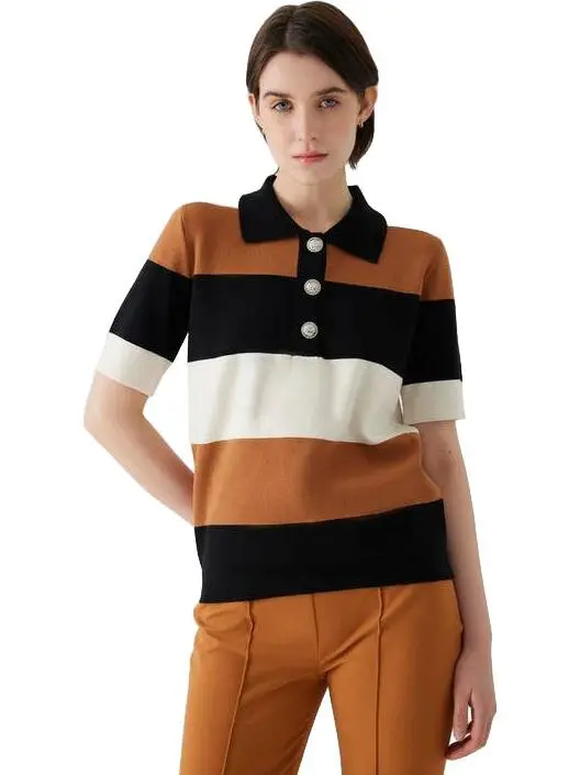 EXQUISE Striped Polo Collar Knit Blouse - Multi Color