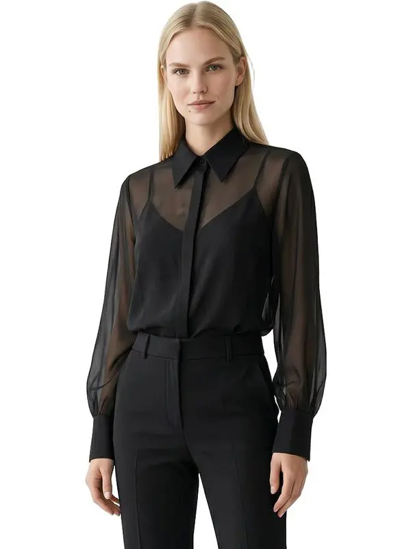 EXQUISE Madelyn Balloon Sleeve Sheer Shirt - Black