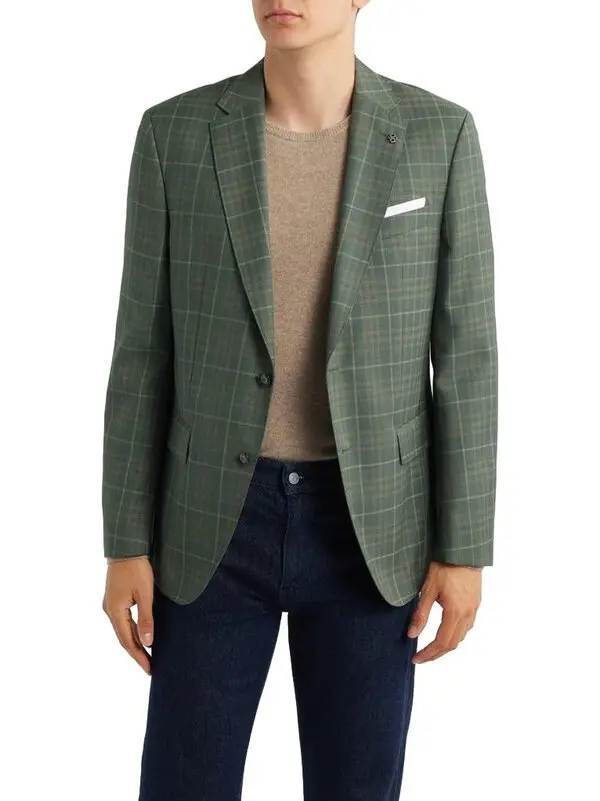 BOSS Hutson Slim Fit Windowpane Check Virgin Wool Sport Coat - Green