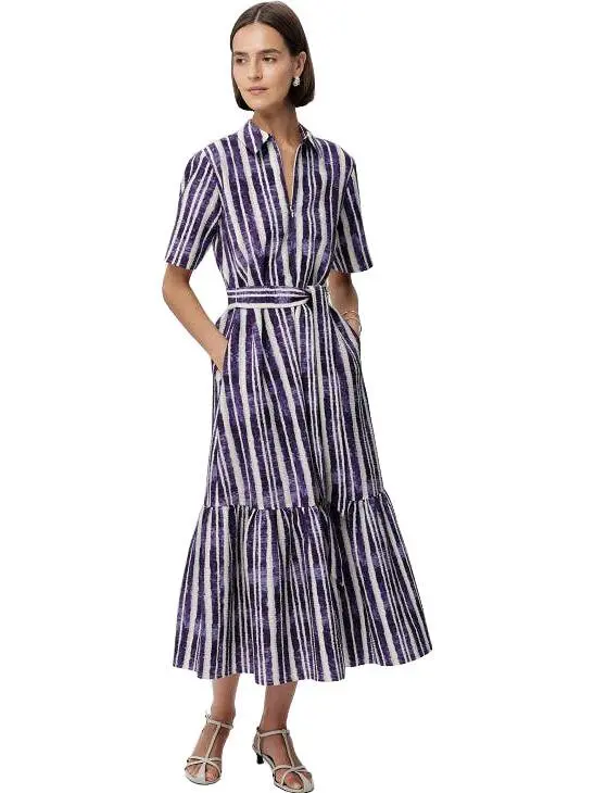 EXQUISE Xenia Short Sleeve Belted Pocketed Midi Dress - Sax