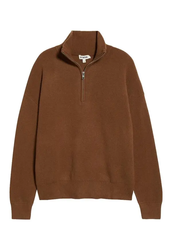 Staud Hudson Quarter Zip Cashmere Sweater - Cigar